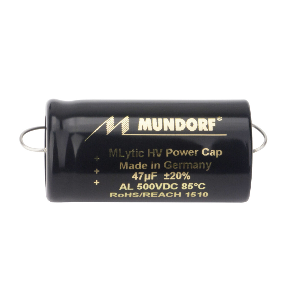 Mundorf MLytic HV Power Cap · 2 axiale Wire 47 uF ±20%, 500VDC, 8,99