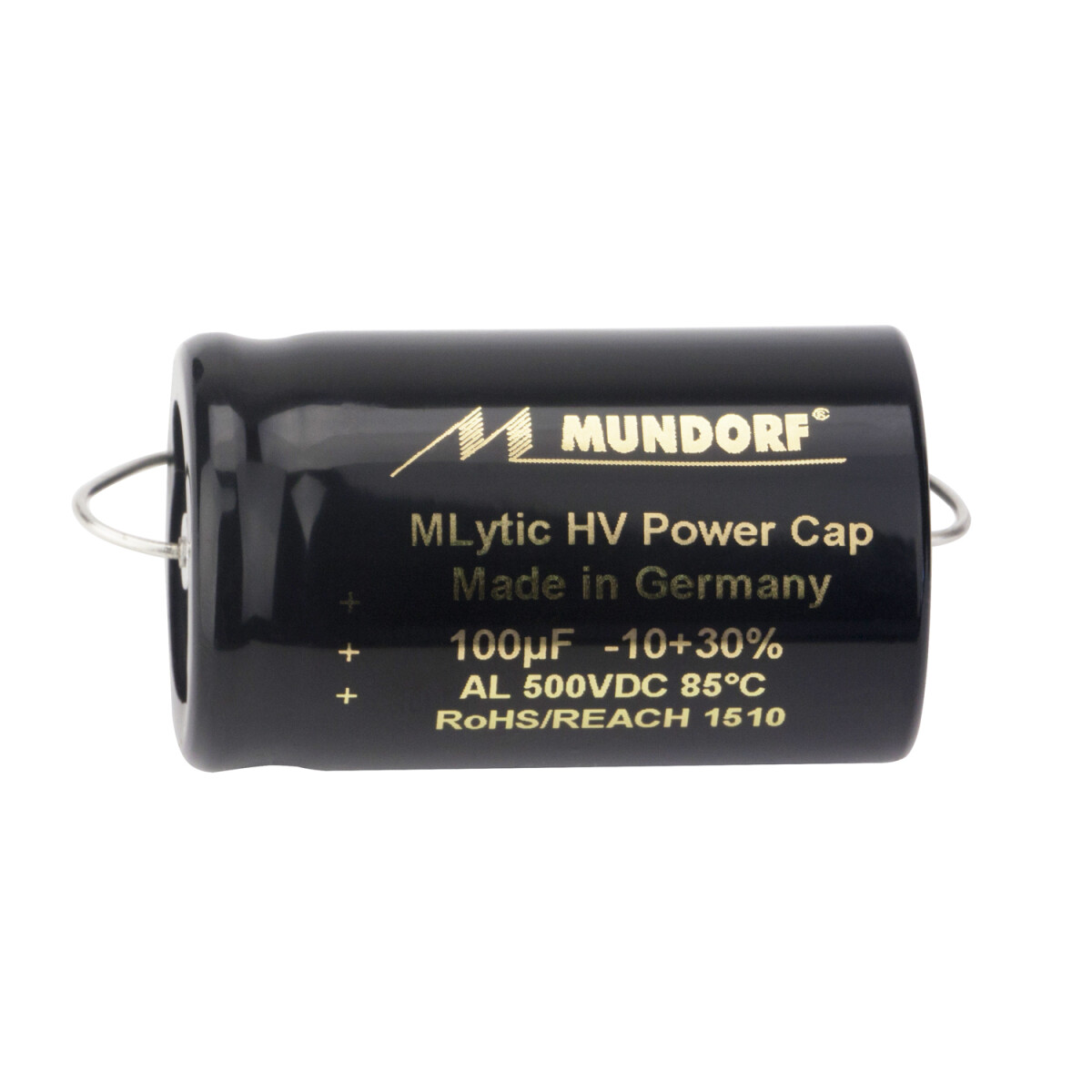Mundorf MLytic HV Power Cap · 2 axiale Wire 100 uF ±20%, 500VDC, 9,99